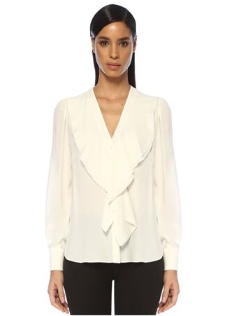 Alexander McQueen Kadın Beyaz V Yaka Volanlı İpek Bluz 40 IT