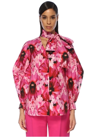 Alexander McQueen Kadın Pembe Yakası Bağcıklı Çiçekli Balon Kol Gömlek 40 IT