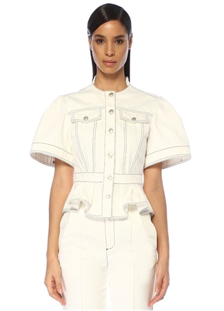 Alexander McQueen Kadın Beyaz Kontrast Dikişli Volanlı Denim Ceket 44 IT