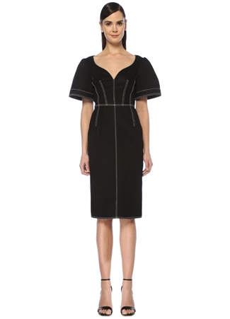 Alexander McQueen Kadın Siyah Kalp Yaka Kontrast Dikişli Midi Elbise 40 EU