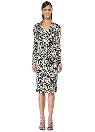 Diane Von Furstenberg Kadın Power Siyah Beyaz V Yaka Desenli Midi İpek Elbise 6 US