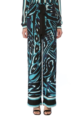 Diane Von Furstenberg Kadın Mavi Siyah Yüksek Bel Desenli Bol Paça Pantolon L EU