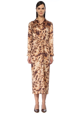 Nanushka Kadın Bisso Batik Desenli Drapeli Midi Gömlek Elbise Kahverengi M EU
