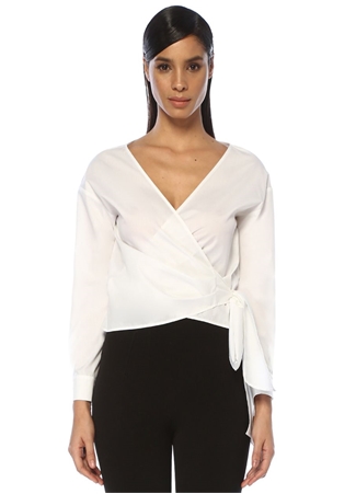 Beymen Collection Kadın Beyaz V Yaka Bağcıklı Kruvaze Bluz 44