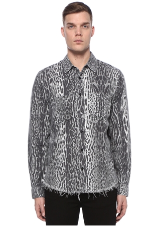 Amiri Erkek Gri Beyaz Polo Yaka Leopar Desenli Gömlek Siyah S EU