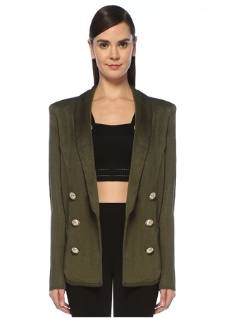 Balmain Kadın Haki Şal Yaka Gold Düğmeli Kruvaze Ceket 38 FR