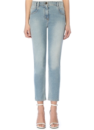 Balmain Kadın Yüksek Bel Logo Nakışlı Boru Paça Jean Pantolon Mavi 38 FR