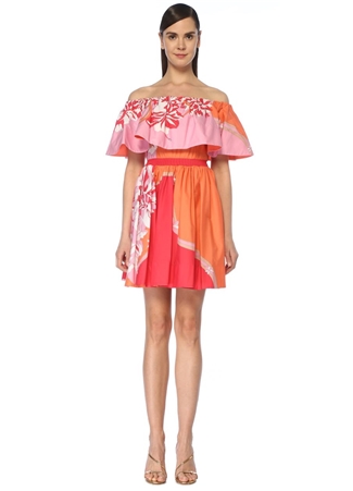 Emilio Pucci Kadın Pembe Düşük Omuzlu Çiçekli Volanlı Mini Elbise 46 It