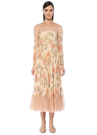 Red Valentino Kadın Altın Rengi Çiçekli Dantel Garnili Pilili Midi Elbise Pembe 40 IT