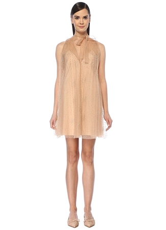 Red Valentino Kadın Altın Rengi Yakası Bağcıklı Puantiyeli Mini Tül Elbise Pembe 38 IT