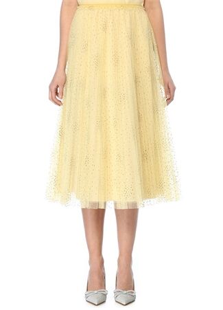 Red Valentino Kadın Sarı Simli Puantiyeli Pilili Midi Tül Etek 42 IT