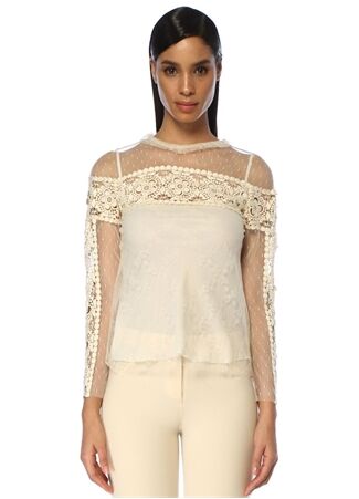 Red Valentino Kadın Ekru Dantel Garnili Uzun Kol Tül Bluz Beyaz 38 IT