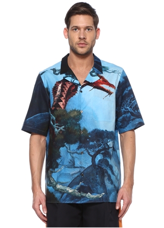Valentino Erkek Mavi Kamp Yaka Ejderha Baskılı Kısa Kollu Gömlek 46 IT