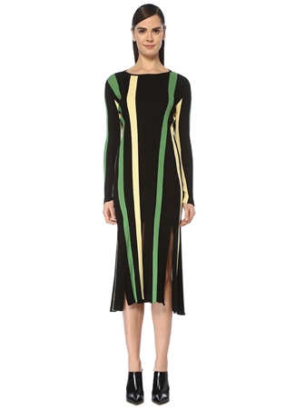 Loewe Kadın Sarı Siyah Çizgili Yırtmaçlı Midi Triko Elbise S EU