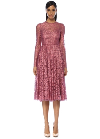 Dolce&Gabbana Kadın Pembe Uzun Kol Midi Dantel Elbise 42 IT