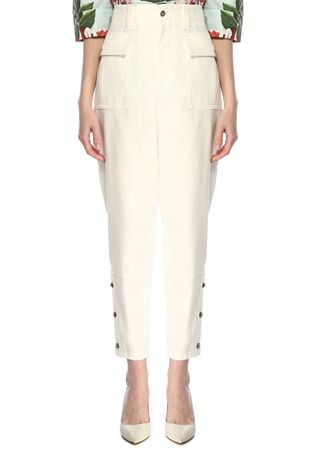 Dolce&Gabbana Kadın Beyaz Yüksek Bel Paça Detaylı Pantolon 40 IT