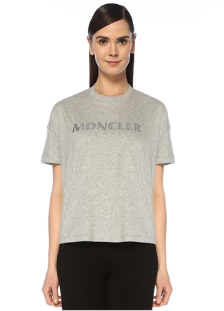 Moncler Kadın Gri Silver Logo Baskılı T-shirt XS EU