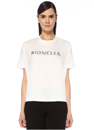 Moncler Kadın Beyaz Silver Logo Baskılı T-shirt M EU
