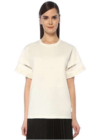 Moncler Kadın Beyaz Kolu Logo Nakışlı Pilili T-shirt Bej S EU