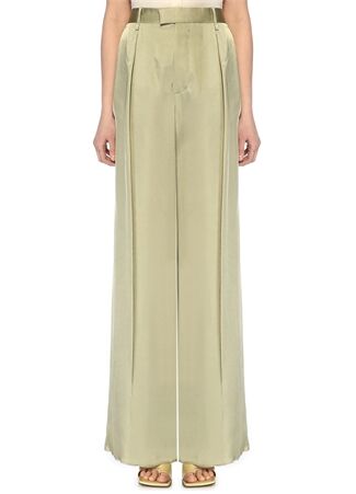 Bottega Veneta Kadın Yeşil Yüksek Bel Bol Paça Pilili Saten Pantolon Haki 40 It