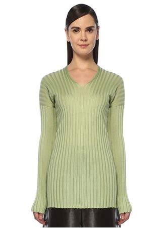 Bottega Veneta Kadın Yeşil V Yaka Ribli Düşük Kol İpek Kazak 40 IT