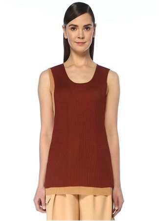 Bottega Veneta Kadın Kiremit U Yaka Kat Detaylı Kolsuz Triko Kırmızı 40 IT