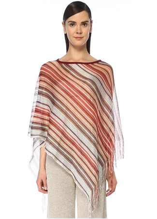 Missoni Kadın Simli Çizgili Püskül Detaylı Pelerin Kırmızı Eu