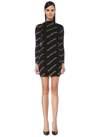 Balenciaga Kadın Siyah Dik Yaka Logo Baskılı Mini Triko Elbise L EU