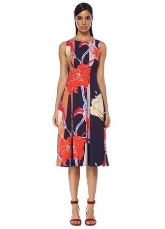 Etro Kadın Lacivert Kırmızı Çiçekli Kolsuz Midi Elbise 40 IT