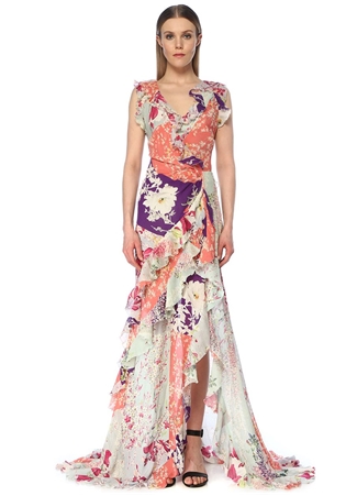 Etro Kadın V Yaka Çiçekli Kesim Detaylı Maksi İpek Elbise 40 IT