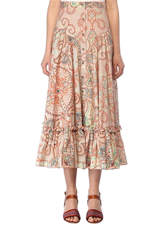 Etro Kadın Turuncu Şal Desenli Önü Düğmeli Midi Etek 44 IT