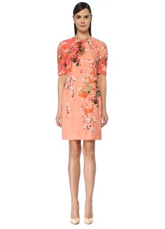 Givenchy Kadın Pembe Çiçekli Büzgülü Kısa Kol Mini Elbise 38 IT