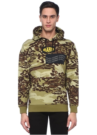 Givenchy Erkek Yeşil Kapüşonlu Kamuflaj Desenli Logolu Sweatshirt Haki M EU