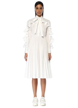 Valentino Kadın Beyaz Fırfır Detaylı Midi Boy Pilili Elbise 44 IT