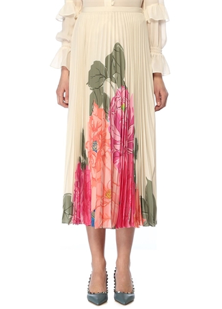 Valentino Kadın Ekru Pembe Çiçekli Pilili Midi İpek Etek 40 IT