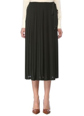 Valentino Kadın Yeşil Beli Bağcıklı Pilili Midi İpek Etek 40 IT