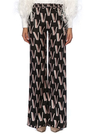 Valentino Kadın Siyah Pembe Logo Baskılı İpek Pantolon 38 IT