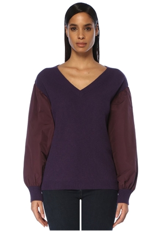Valentino Kadın Mor V Yaka Kolu Garnili Yün Kazak S EU