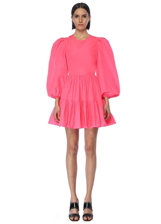 Valentino Kadın Pembe Büzgü Detaylı Balon Kol Mini Elbise 42 IT