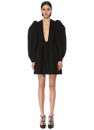 Valentino Kadın Siyah Derin V Yaka Balon Kol Mini Yün Elbise 40 IT