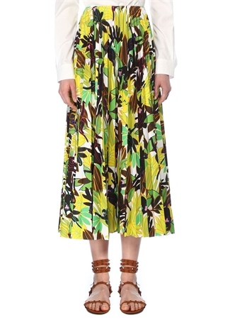 Valentino Kadın Yeşil Çiçek Desenli Pilili Midi Etek Siyah 42 IT