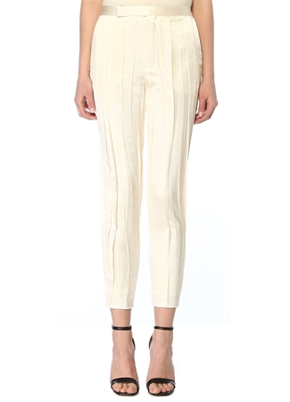 Kadın Ekru Pili Dokulu İpek Saten Pantolon Bej 36 IT