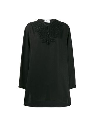 Kadın Siyah Yakası İşleme Detaylı İpek Tunik 40 IT