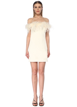 Kadın Ekru Straplez Yakası Tüy İşlemeli Mini Elbise Bej 36 IT