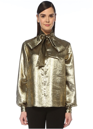 Kadın Gold Yakası Bağcıklı Desenli İpek Bluz Haki 38 IT