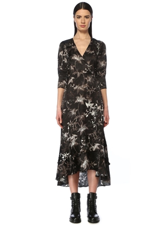 Allsaints Kadın Tage Evolution Siyah Çiçekli Midi Anvelop Elbise XS EU