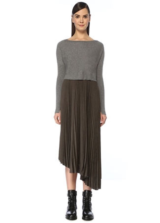 Allsaints Kadın Evetta Haki Gri Triko Detaylı Pilili Midi Elbise M EU