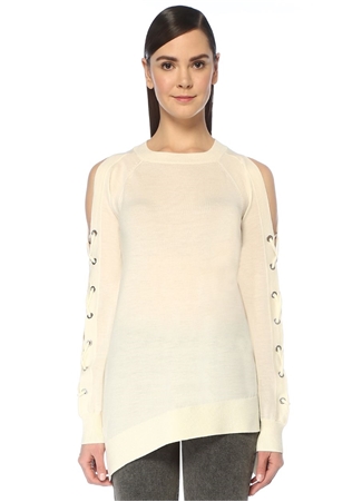 Allsaints Kadın Cross Ekru Omzu Açık Kuşgözü Detaylı Yün Kazak Beyaz M Eu