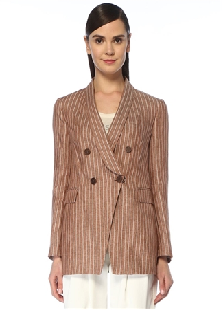 Brunello Cucinelli Kadın Kiremit Şal Yaka Çizgili Kruvaze Keten Ceket Bordo 40 IT Brunello Cucinelli Kadın Kiremit Şal Yaka Çizgili Kruvaze Keten Ceket Bordo 40 IT