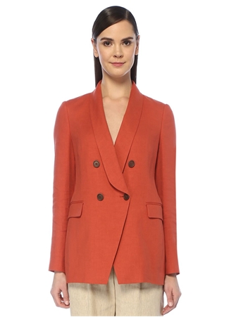 Brunello Cucinelli Kadın Kiremit Şal Yaka Kruvaze Keten Ceket Kırmızı 42 IT